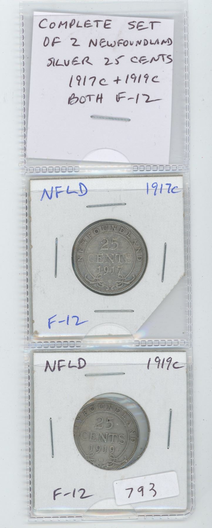 COMPLETE SET OF 2 NEWFOUNDLAND SILVER 25 CENTS: 1917C AND 1919C . BOTH F-12 - Schmalz Auctions