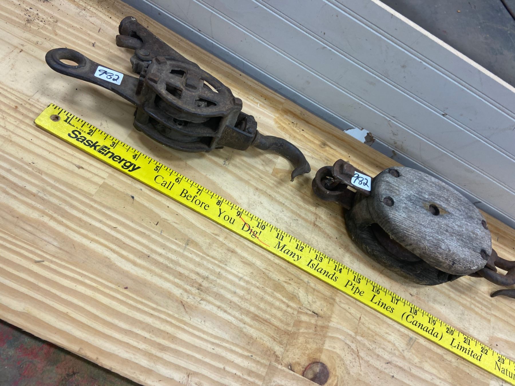 2 BLOCK PULLEYS ONE WOOD ONE CAST