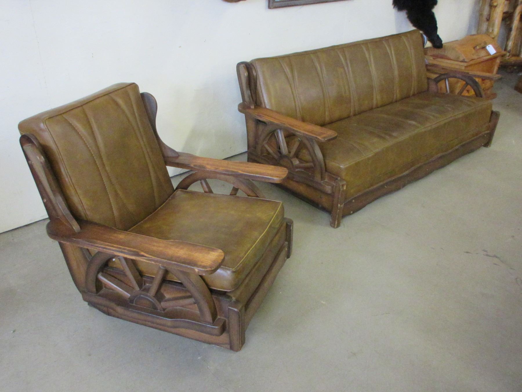 Wagon Wheel Naugahyde Chair And Sleeper Couch- Chair 32"W- Couch 84"W