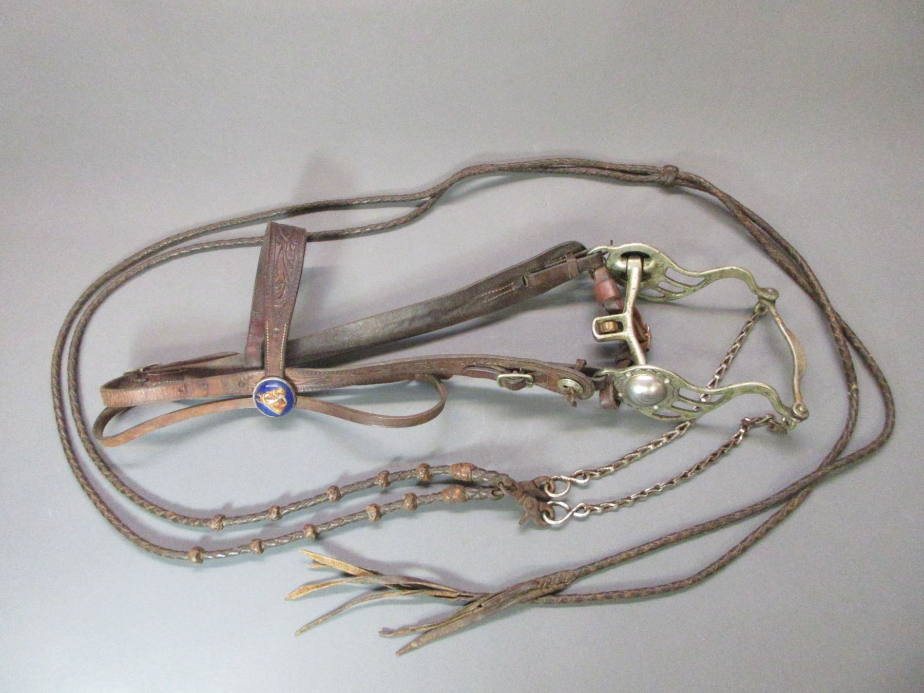 Old Unmarked Stamped Headstall With Rein Chains And Braided Leather ...