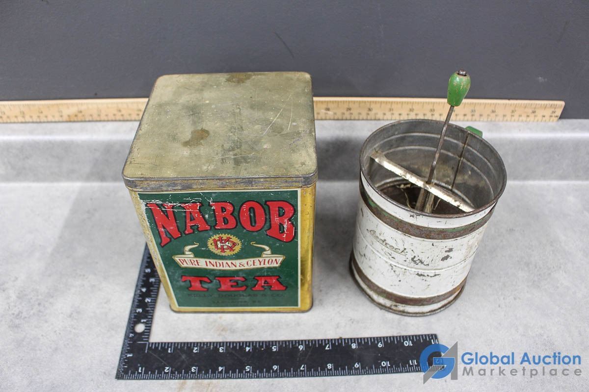 Nabob Tea Tin & Vintage Flour Sifter