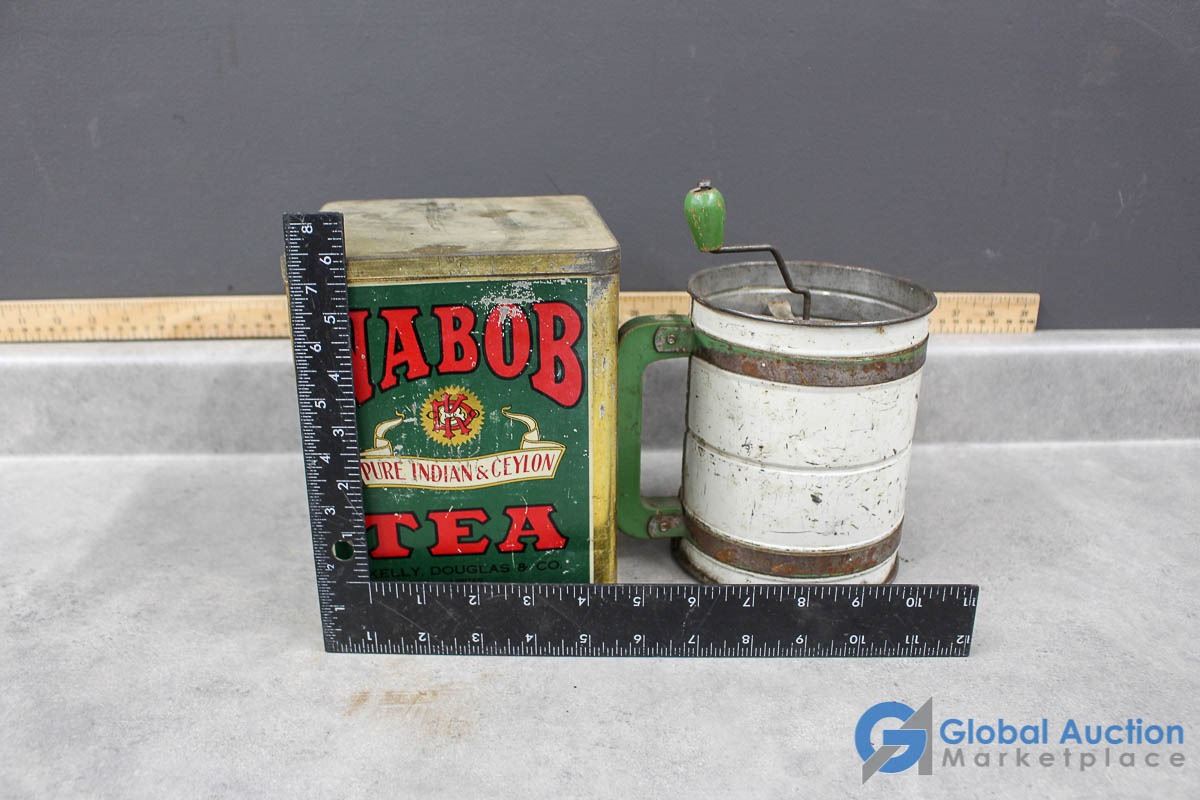 Nabob Tea Tin & Vintage Flour Sifter