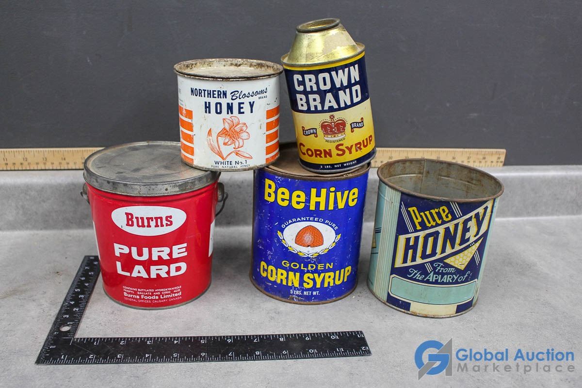 (5) Household Tins - Burns Lard, Crown Syrup, Beehive Syrup, Northern Honey