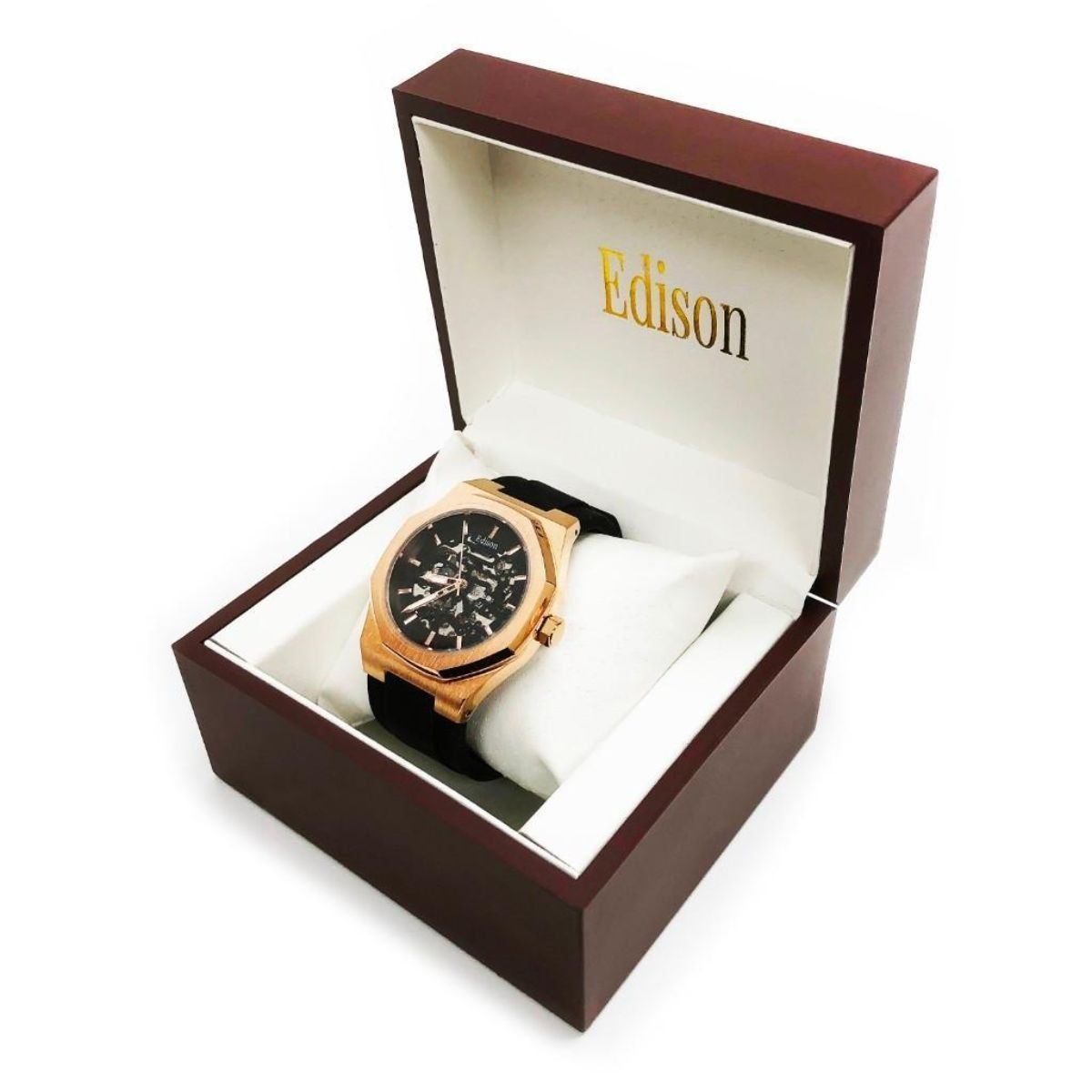 Mens Edison Brushed Copper Finish & Black Rubber Band Skeleton Watch