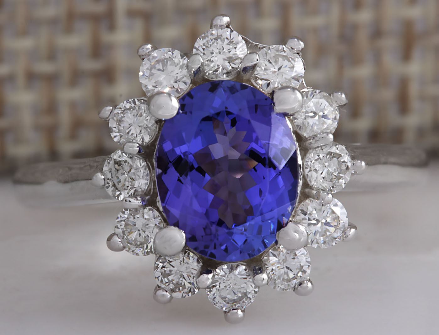 2.45 CTW Natural Blue Tanzanite And Diamond Ring 18K Solid White Gold