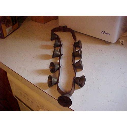 Bells, String of 10 pony brass bells on leather#1112108