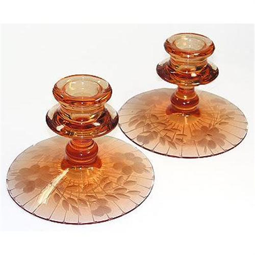 Amber Depression Glass Art Deco Candlesticks #1166480