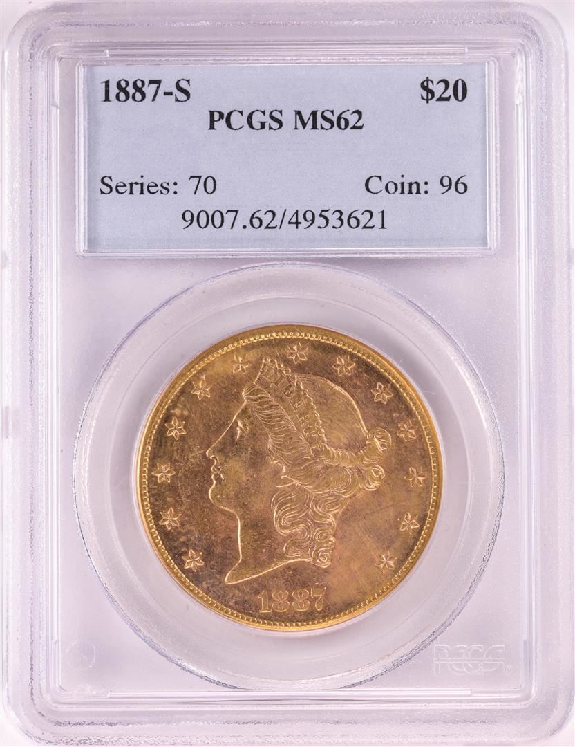 1887-S $20 Liberty Head Double Eagle Gold Coin PCGS MS62