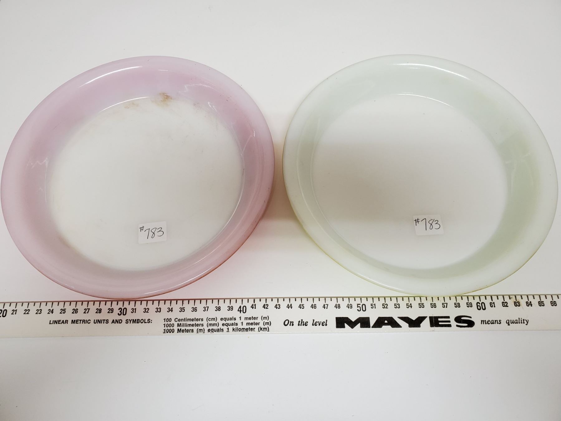 783. Pyrex pie plates, 8 ½”, lime green and desert dawn pink