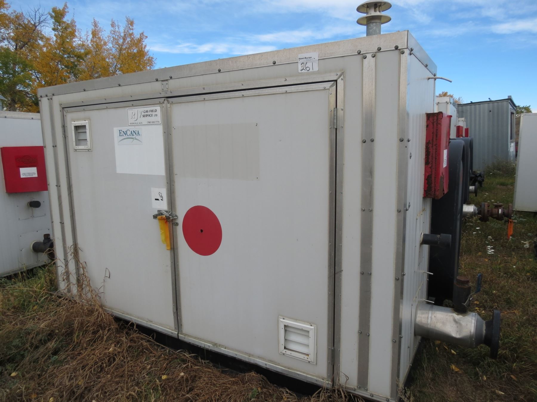 Oilfield shack loaded inside, comes with catalystic heater and tank.
