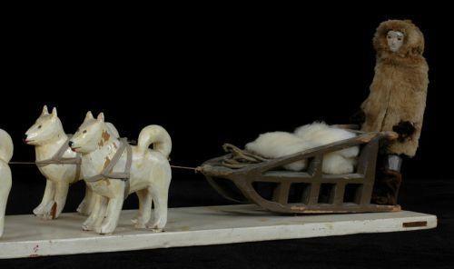 Inuit Carved Wood Dog Sled Team with Sl