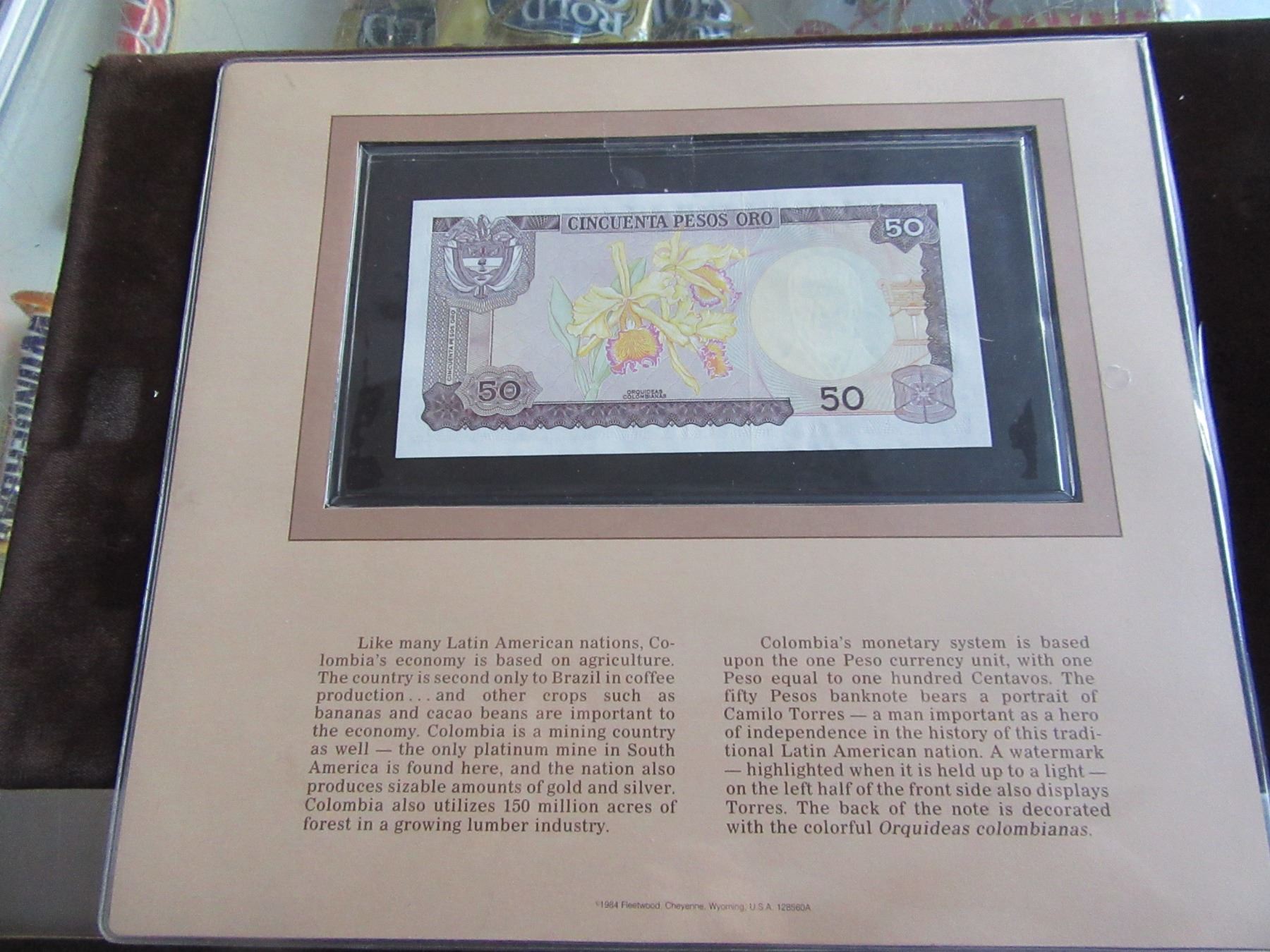 1983 MINT COLUMBIA 50 PESO BANK NOTE C/W WRITTEN HISTORY