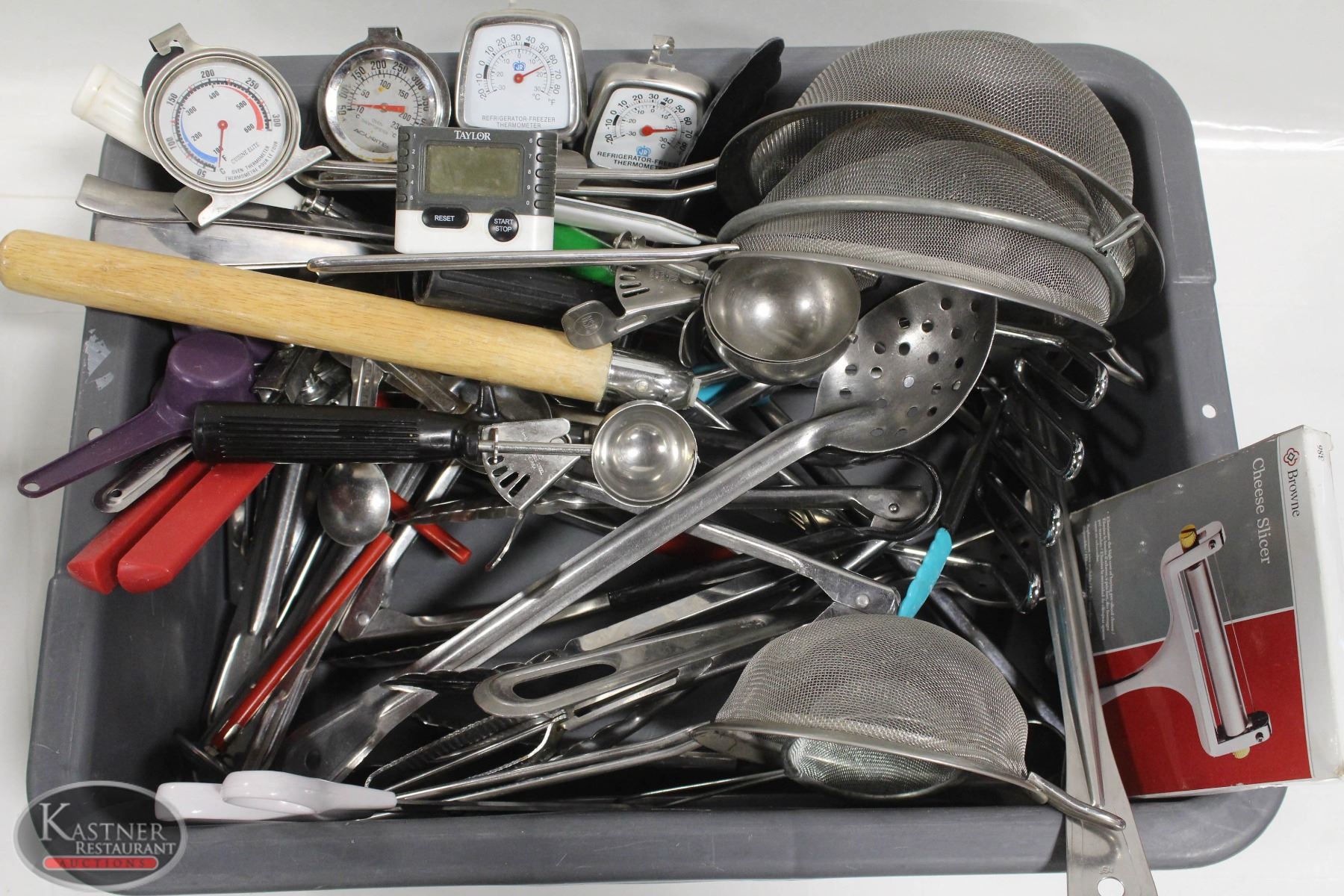 BUS BIN W/ ASSORTED KITCHEN UTENSILS UNCL: SPOONS,