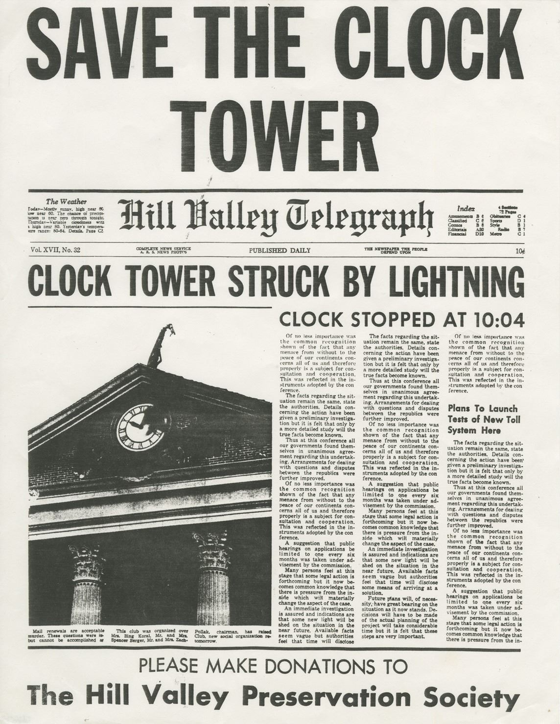 'Save the Clock Tower' flyer from Back to the Future. | Barnebys