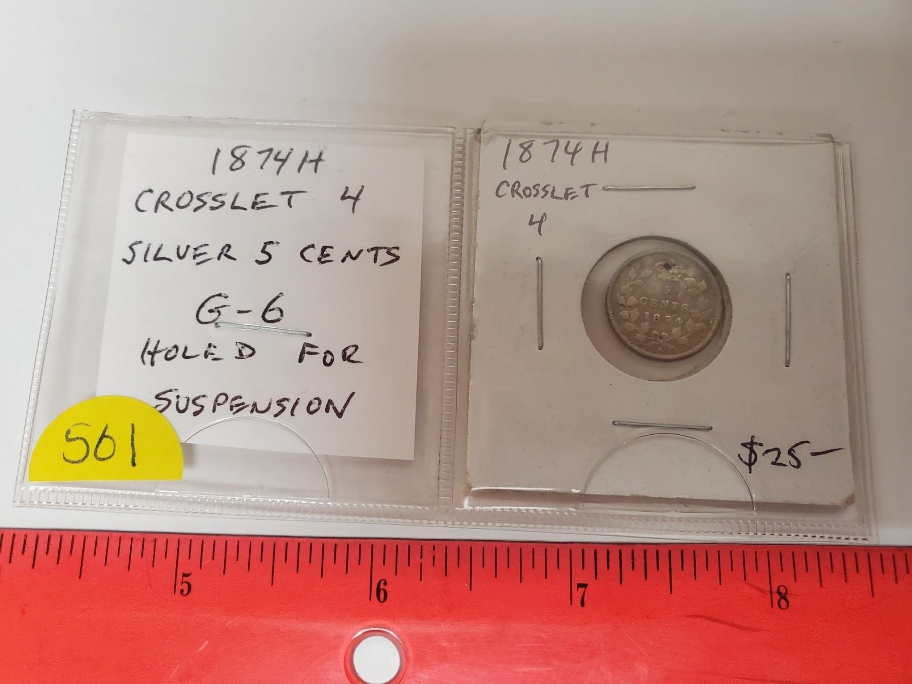 1874H Crosslet 4 Silver 5 cents. G-6. Holed for suspension. - Schmalz Auctions