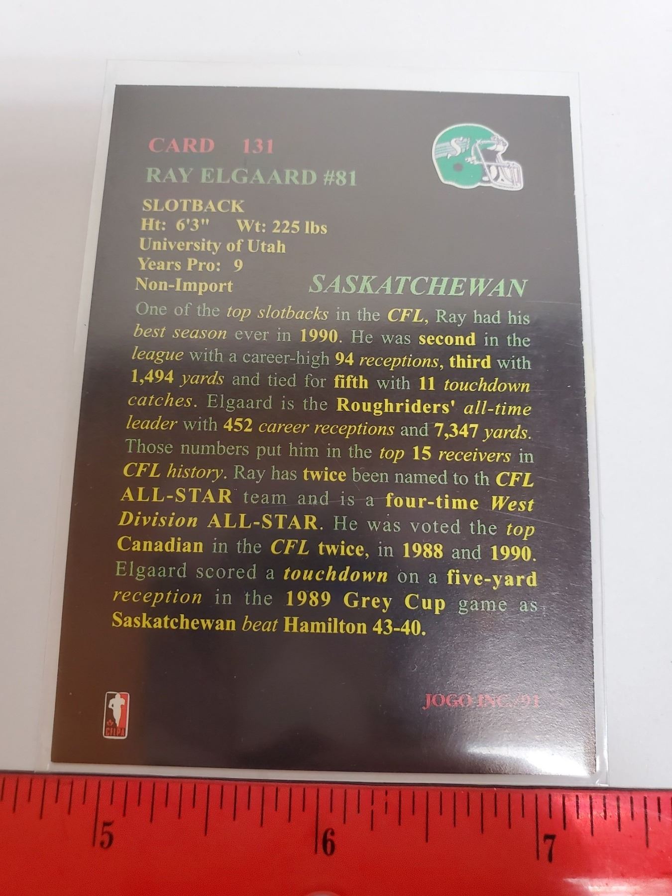 Ray Elgaard, Saskatchewan Roughriders SB, CFL Football Card. 1991 Jogo ...