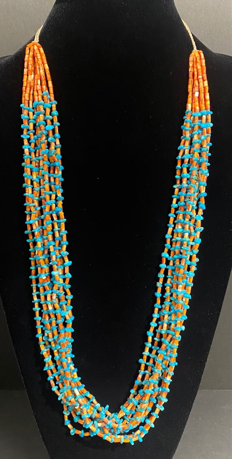 Traditional sinew strung Kewa 10 strand turquoise and orange spiny ...