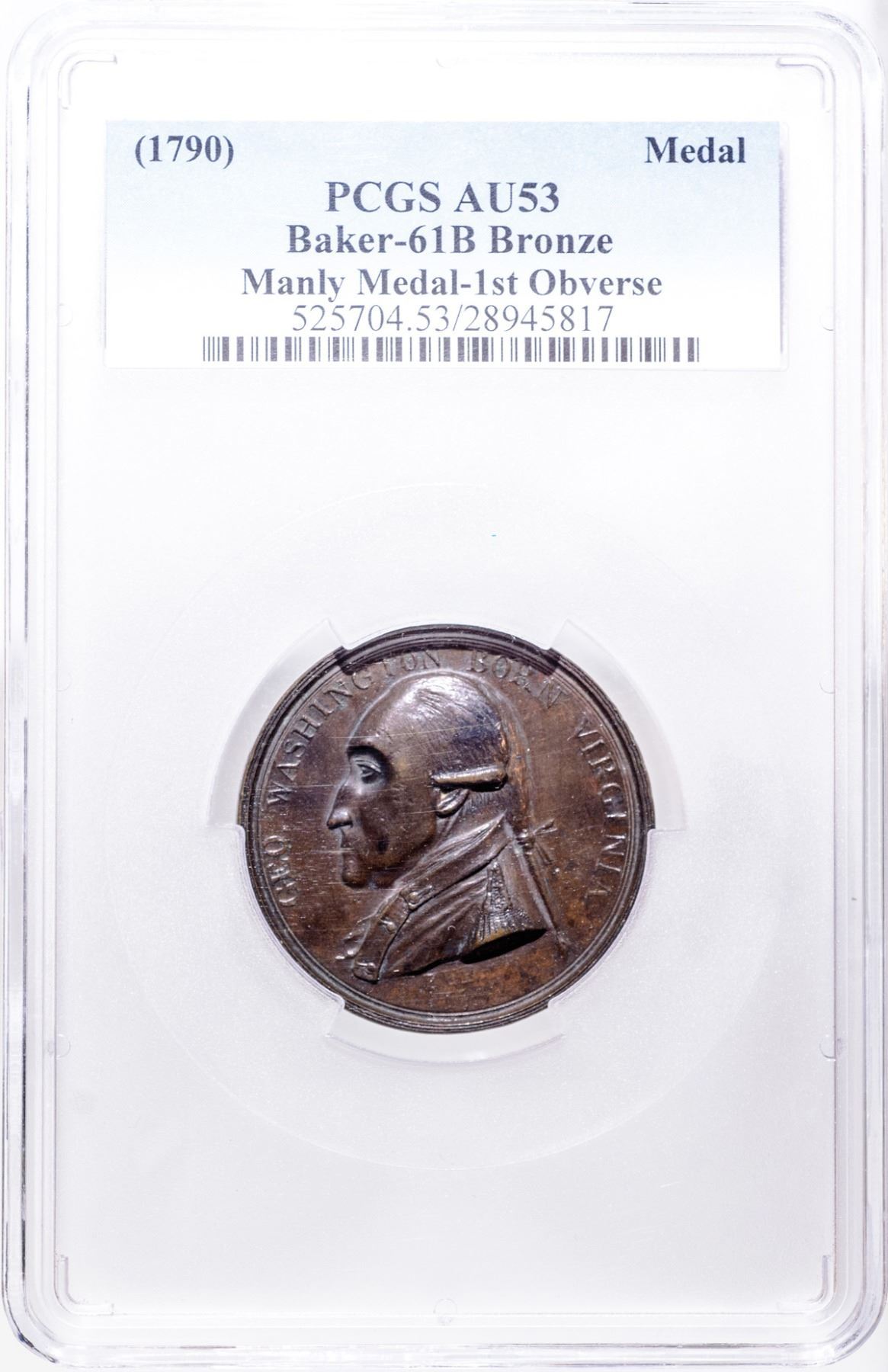 1790 George Washington Manly Medal. Baker-61B. First Obverse. Bronze ...