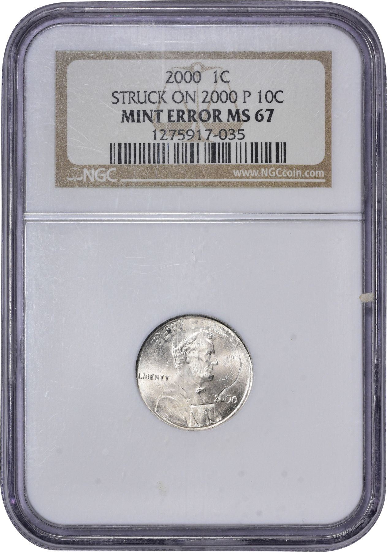 2000 1¢. Mint Error. Double Denomination. Lincoln Cent on Struck ...