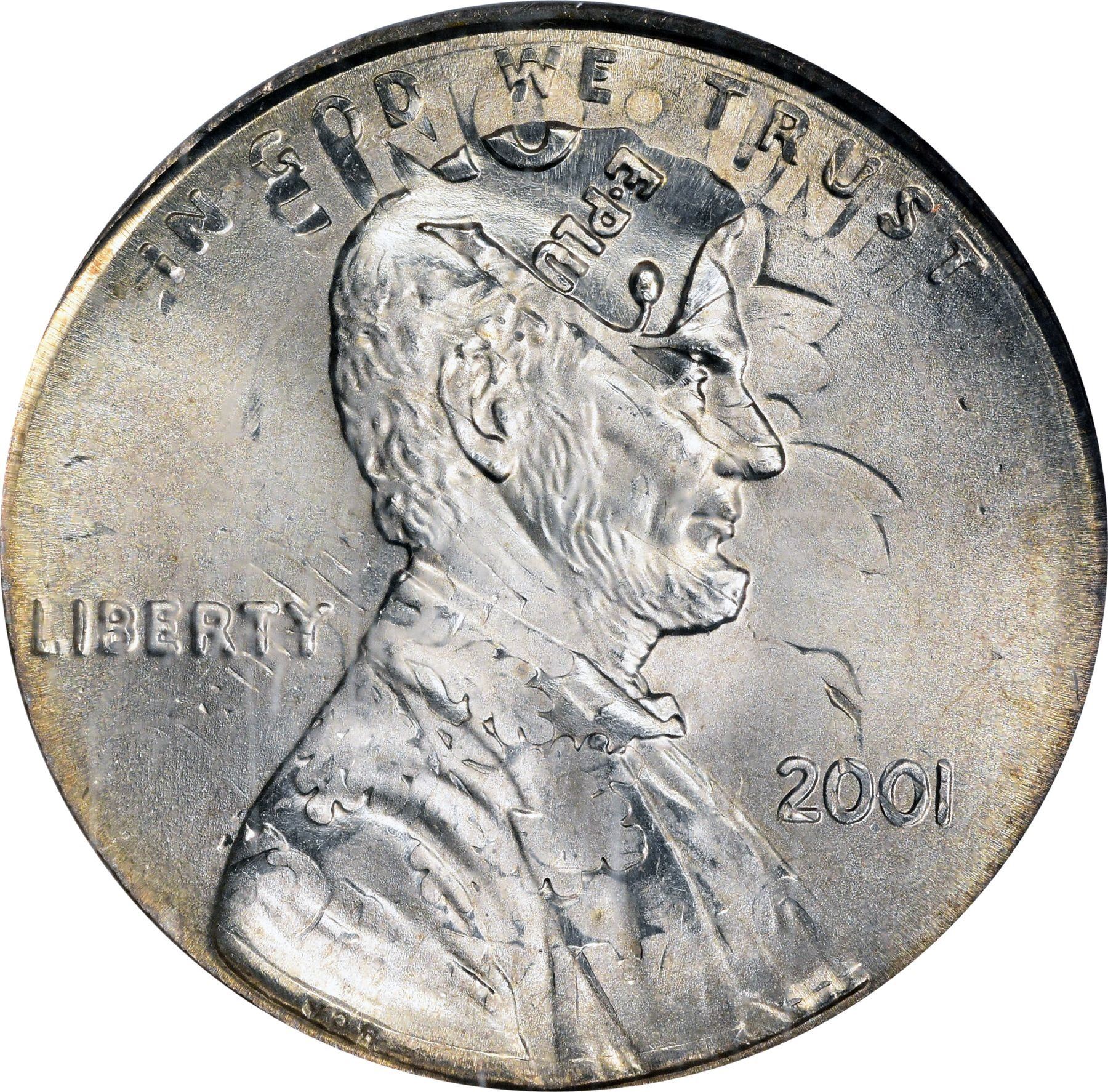 2001 1¢. Mint Error. Double Denomination. Lincoln Cent on Struck ...
