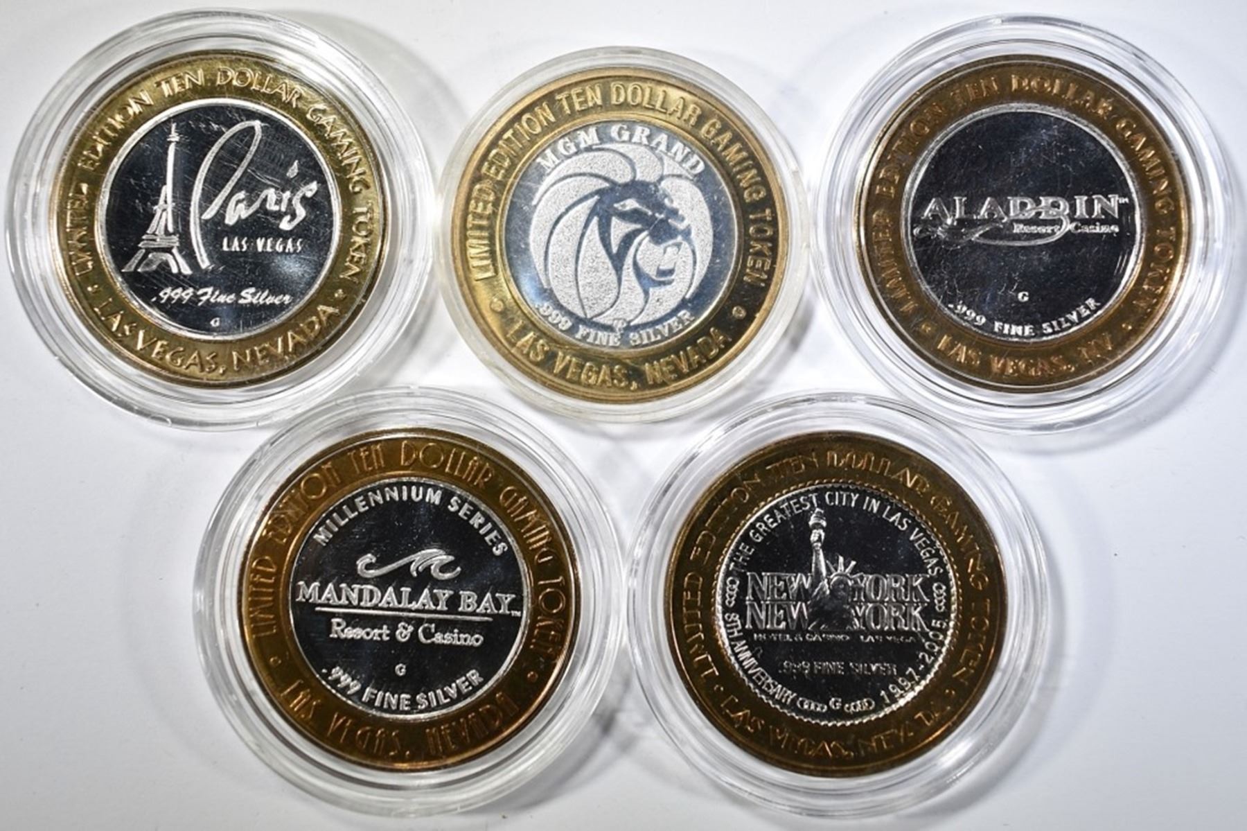 5 LIMITED EDITION $10 SILVER GAMING TOKENS
