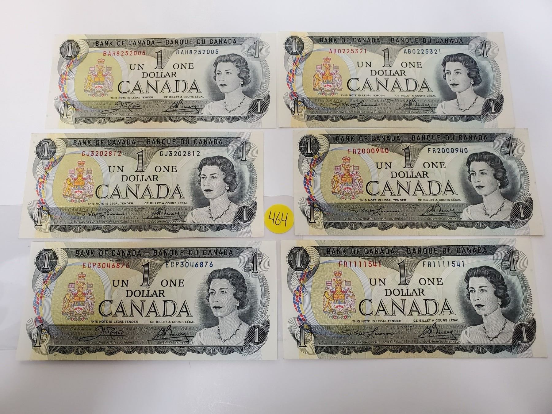Lot Of 6 Canada 1 One Dollar Bills 1973 Bank Of Canada Lot Of 6 Canada 1 One Dollar Bills 1973 Bank Of Canada