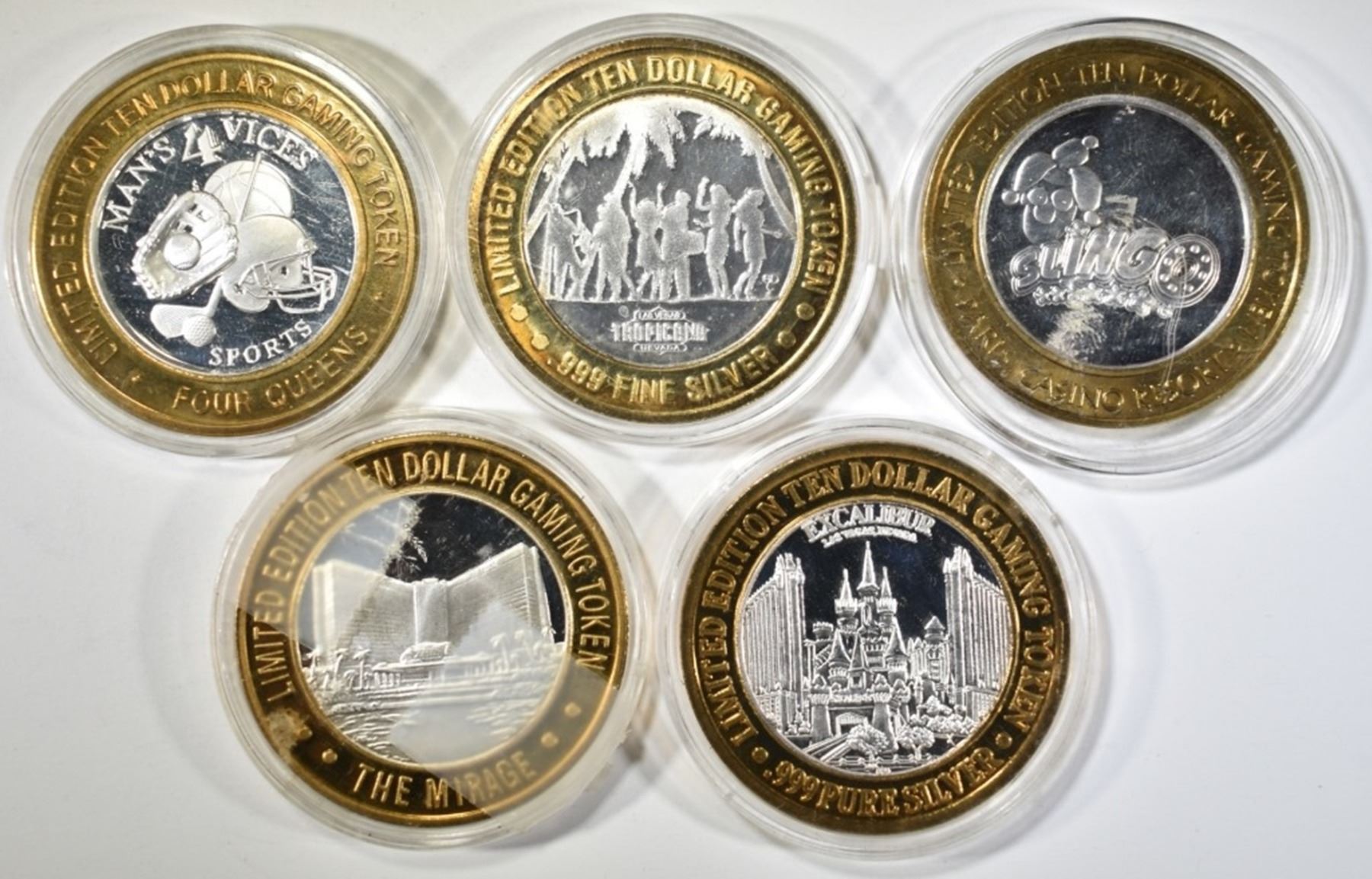 5 LIMITED EDITION $10 SILVER GAMING TOKENS