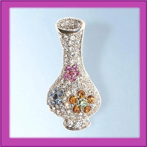 FLOWER VASE PIN BROOCH 24K GOLD SWAROVSKI CRYSTAL