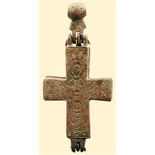 Byzantine bronze reliquary cross St. Theodore