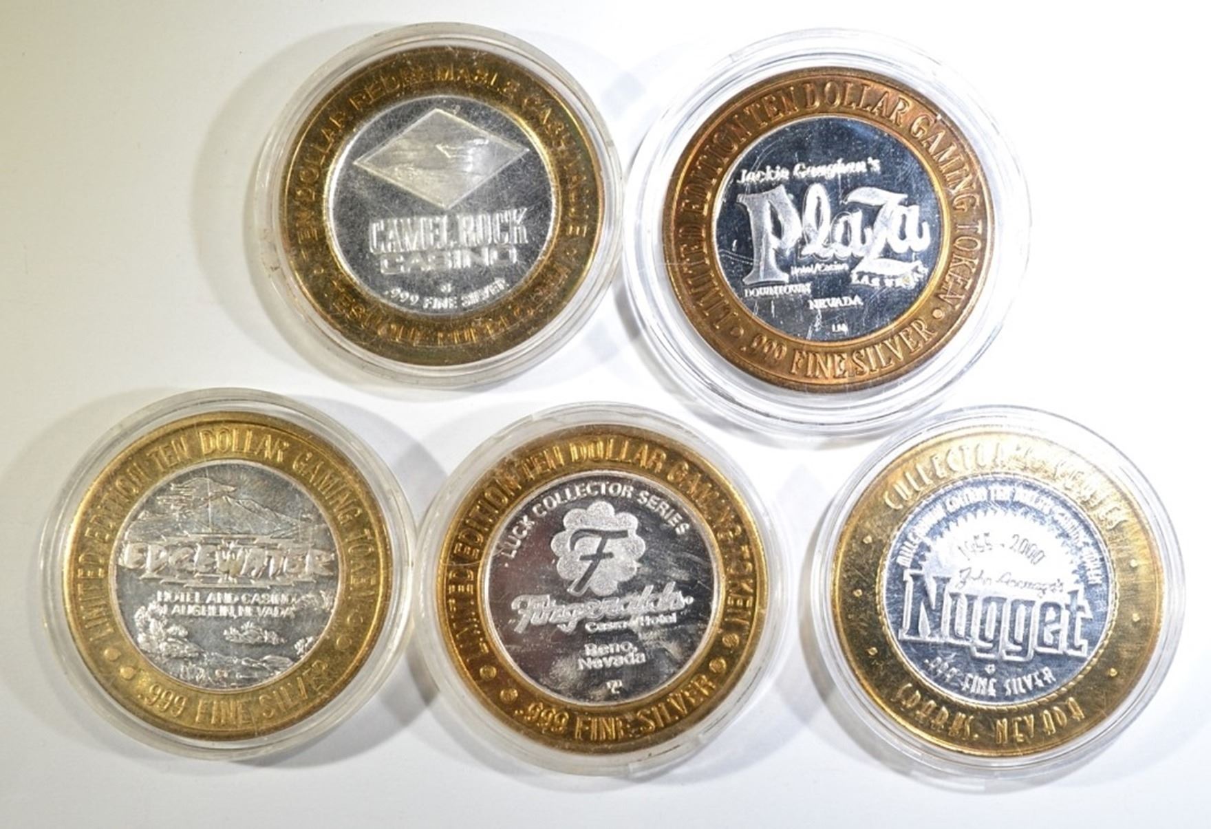 5 LIMITED EDITION $10 SILVER GAMING TOKENS