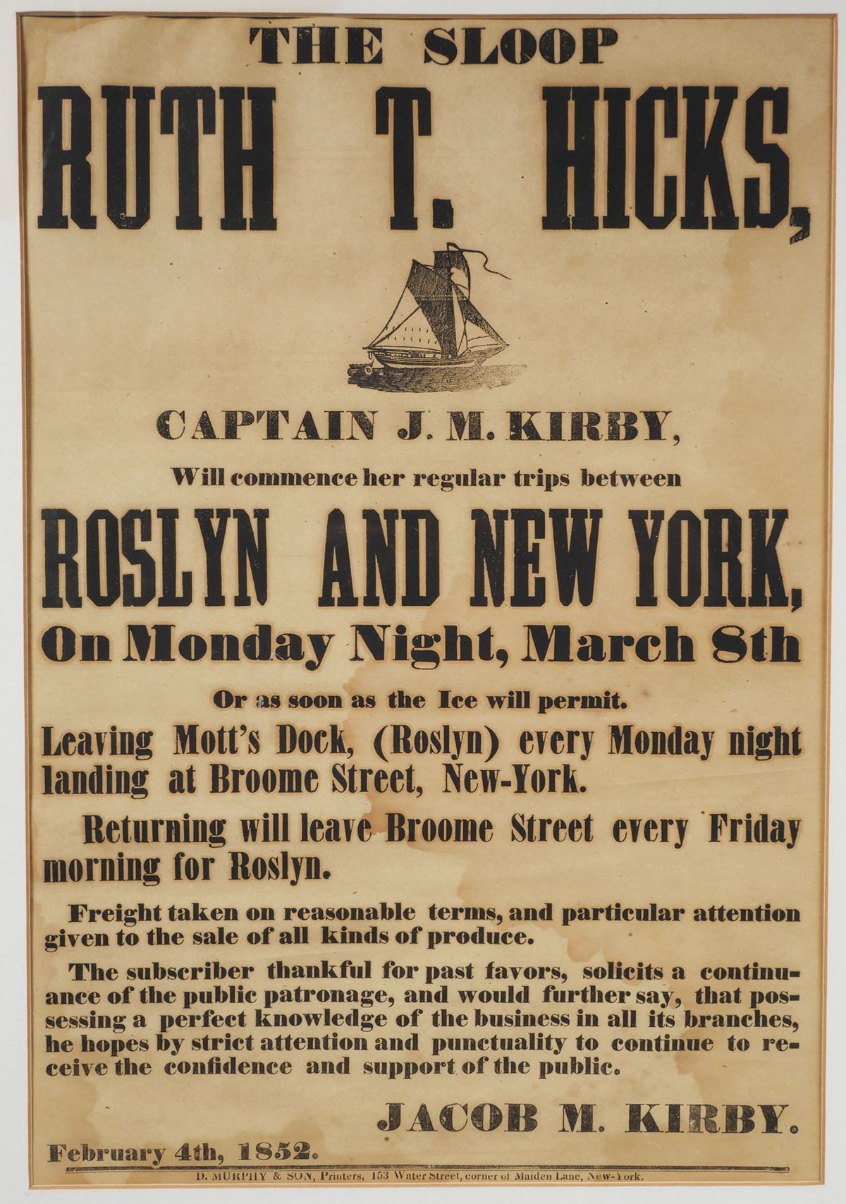 19th Century Sloop Poster, Roslyn & New York