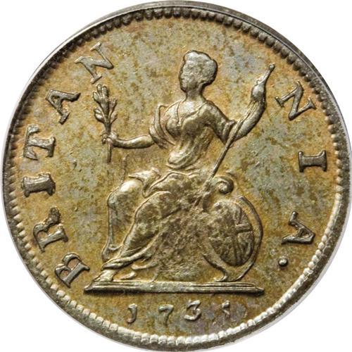 George II copper Farthing, 1735. S-3720. MS63 BN PCGS.