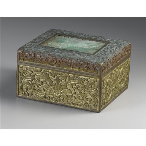 CHINESE GILT METAL BOX WITH JADE