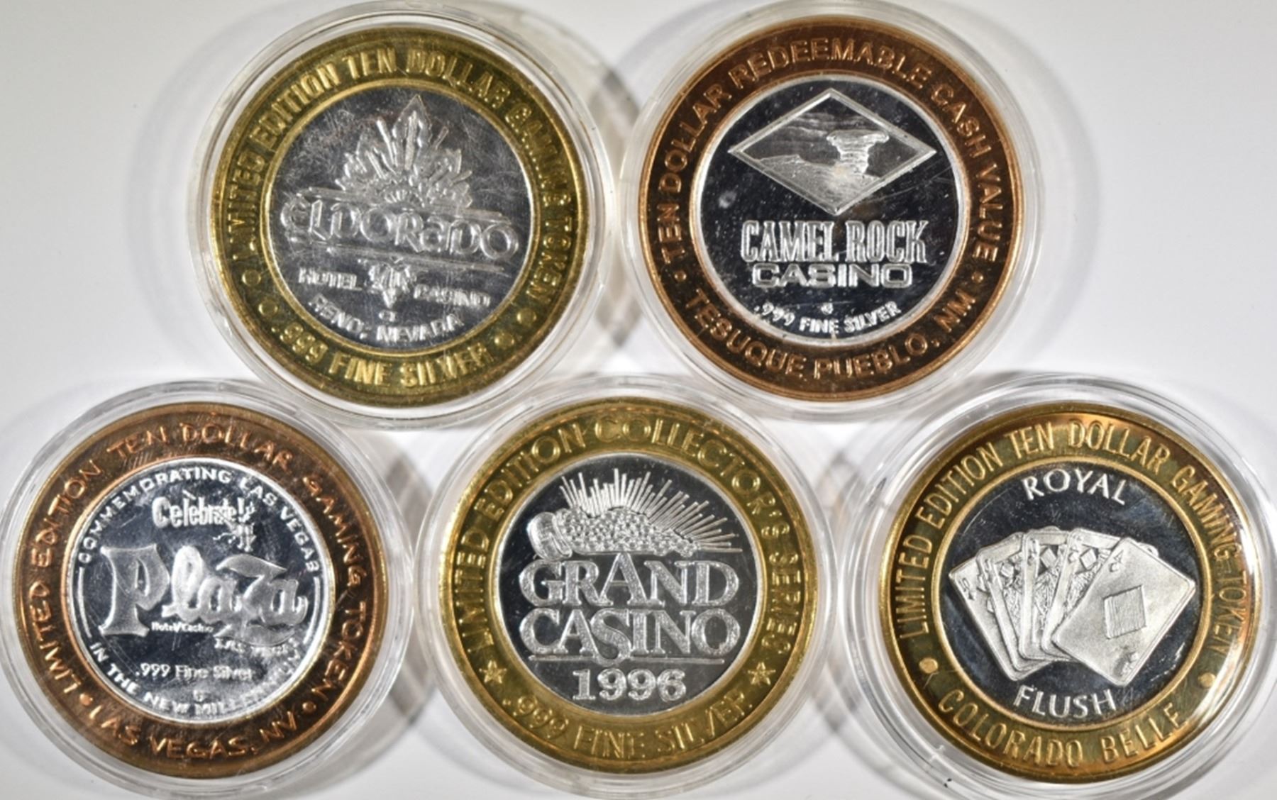 5 LIMITED EDITION $10 SILVER GAMING TOKENS