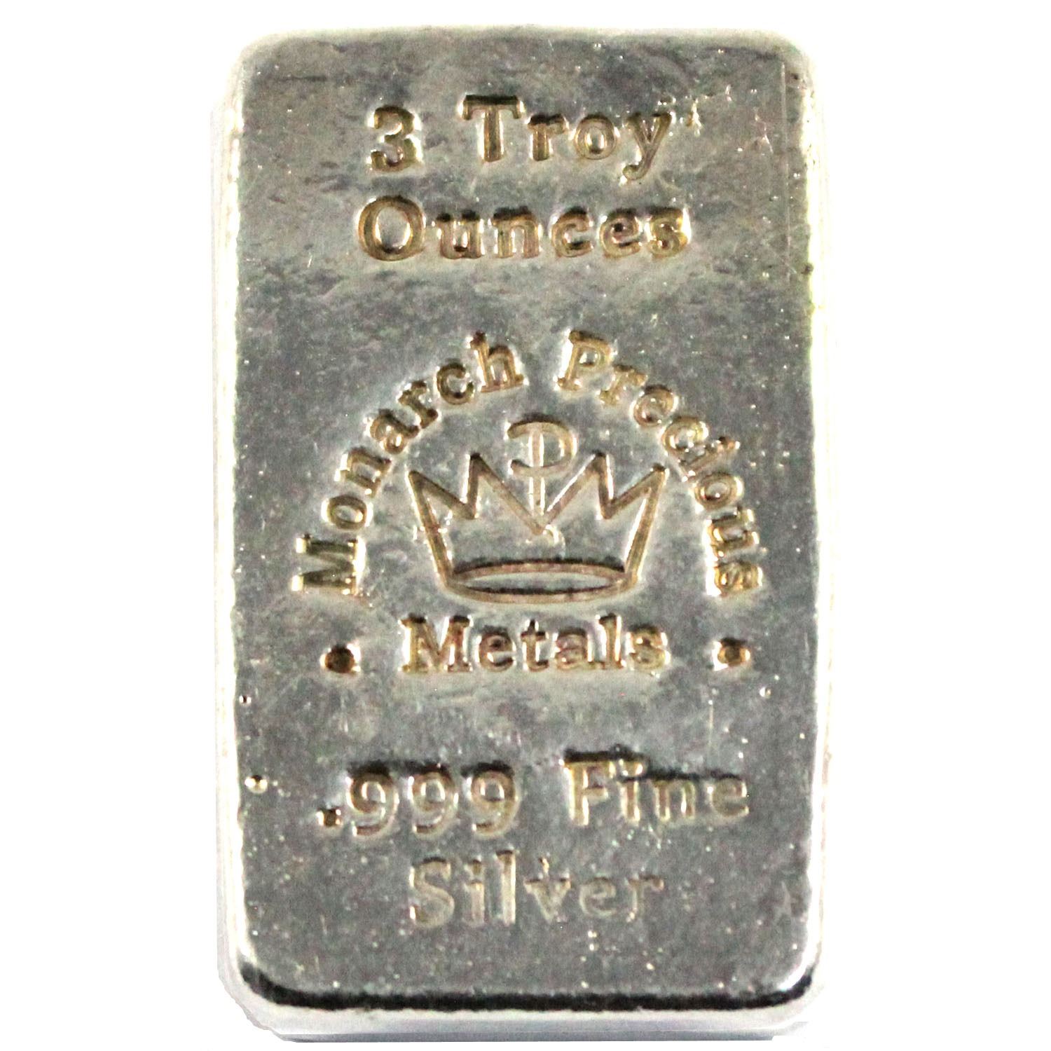 Hand Poured Monarch Precious Metals 3oz .999 Silver Bar (TAX Exempt)