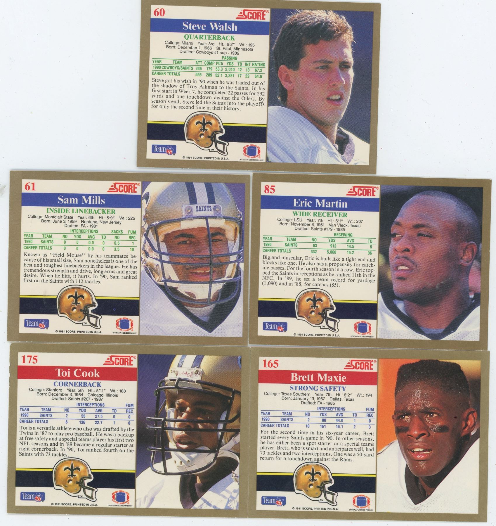 LOT OF 5 NEW ORLANS SAINTS, NFL FOOTBALL CARDS. INCLUDES STEVE WALSH ...