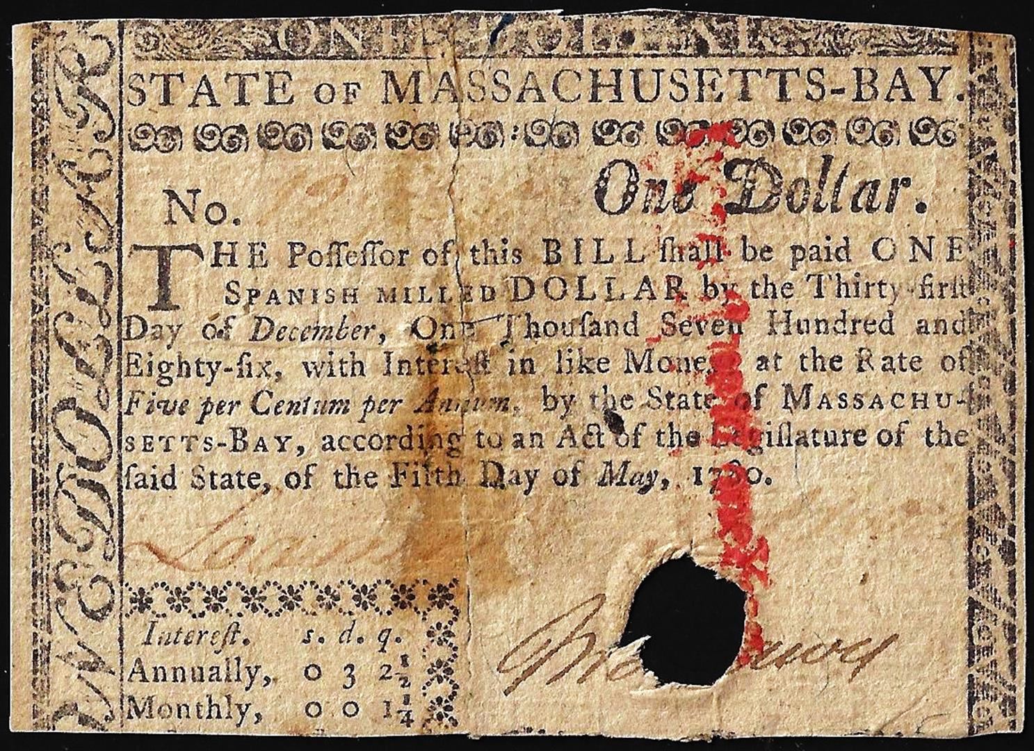 May 5, 1780 $1 Massachusetts-Bay Colonial Currency Note