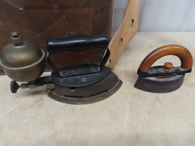 Copper Boiler , 2 Irons & Stocking Stretchers Vintage