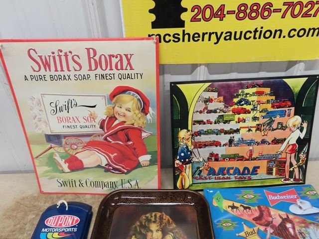 Modern metal Sign & Trays w Adv, Dupont Thermometer, Rexall Tray, Swift ...