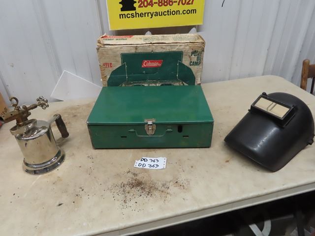 Chrome Blow Torch, Coleman Stove, & Welding Helmet
