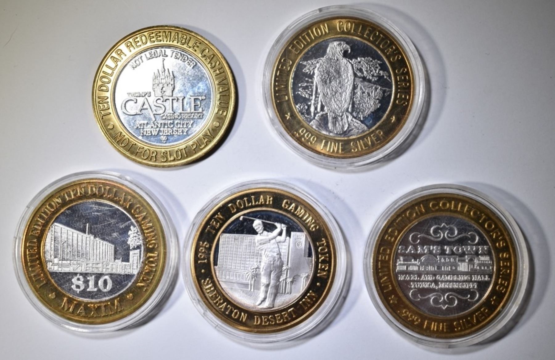 5 LIMITED EDITION $10 SILVER GAMING TOKENS