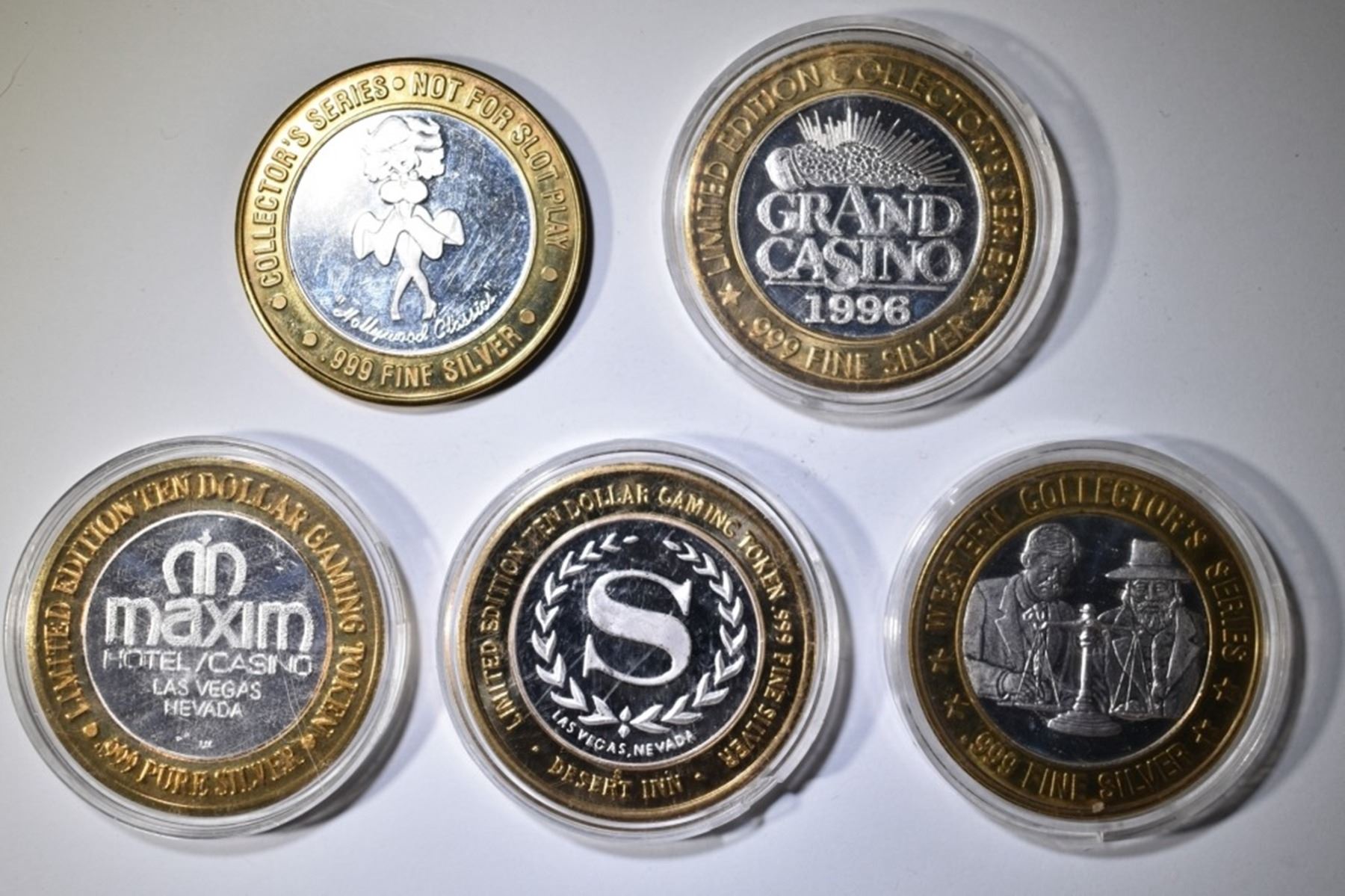 5 LIMITED EDITION $10 SILVER GAMING TOKENS