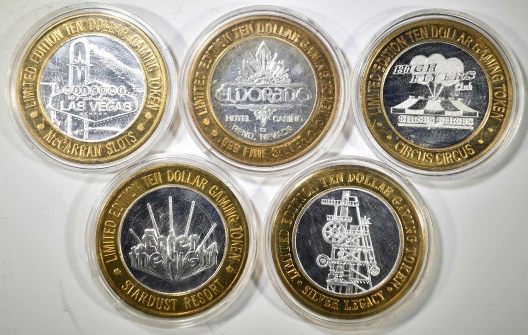 5 LIMITED EDITION $10 SILVER GAMING TOKENS