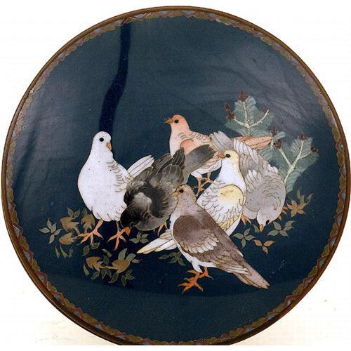 Meiji Japanese Cloisonne Round Box w Pigeon #1420049