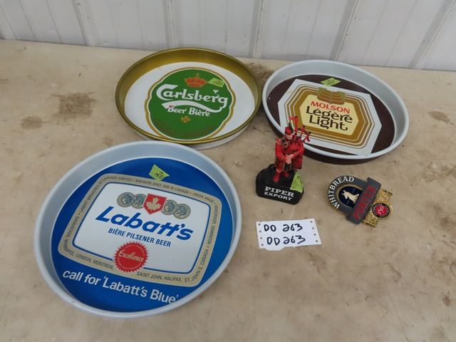 2 Metal Beer Trays w Adv, Piper Export Display Porter Beer Tap