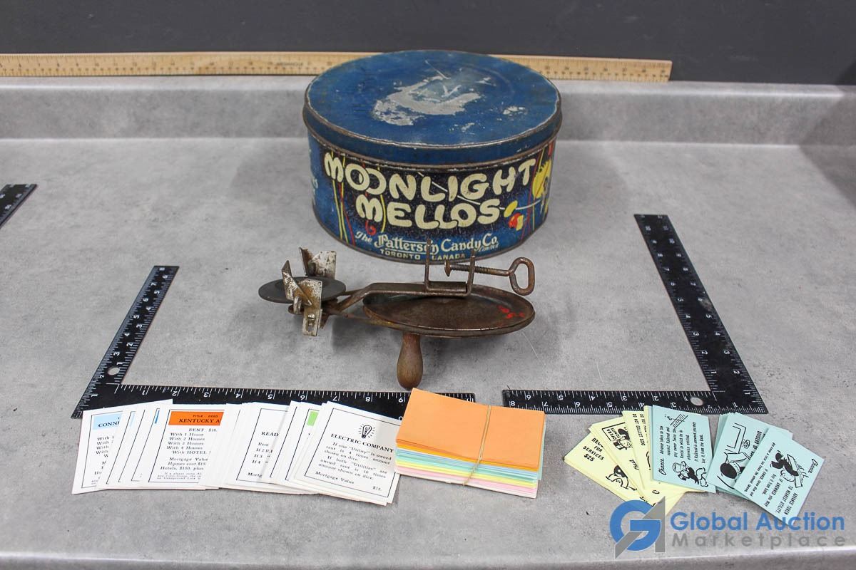 Vintage Moonlight Mellows Tin, Vintage Monopoly Money/Cards, & Bench ...