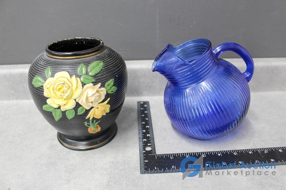 Vintage Blue Glass Fire King Anchor Hocking Pitcher & Ceramic Vase