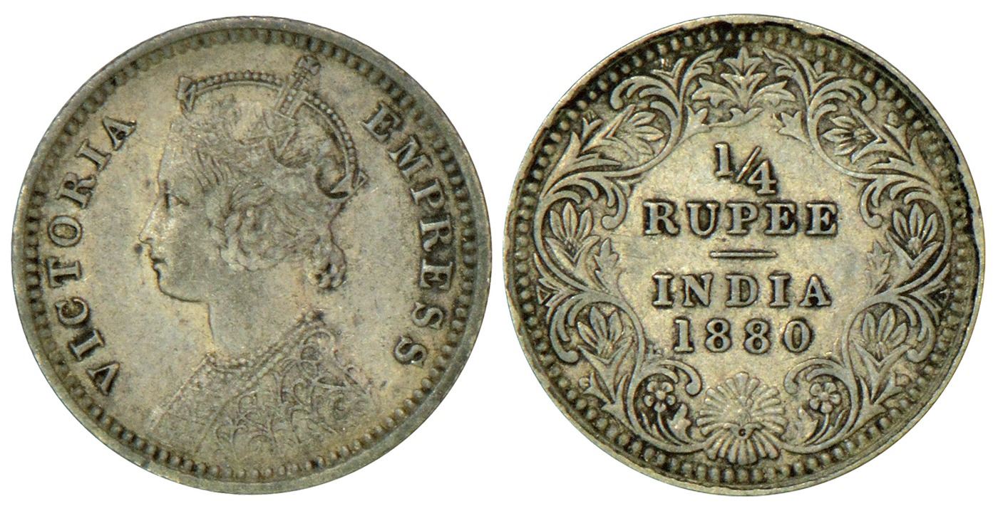 British India: Victoria Empress, silver ¼ rupee, 1880, Calcutta mint, 2 ...