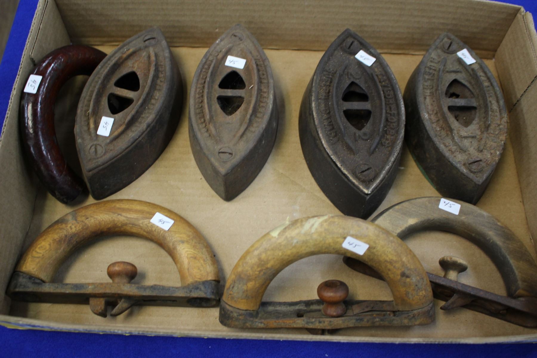 Collection of Sad Irons (4) and Handles (3)