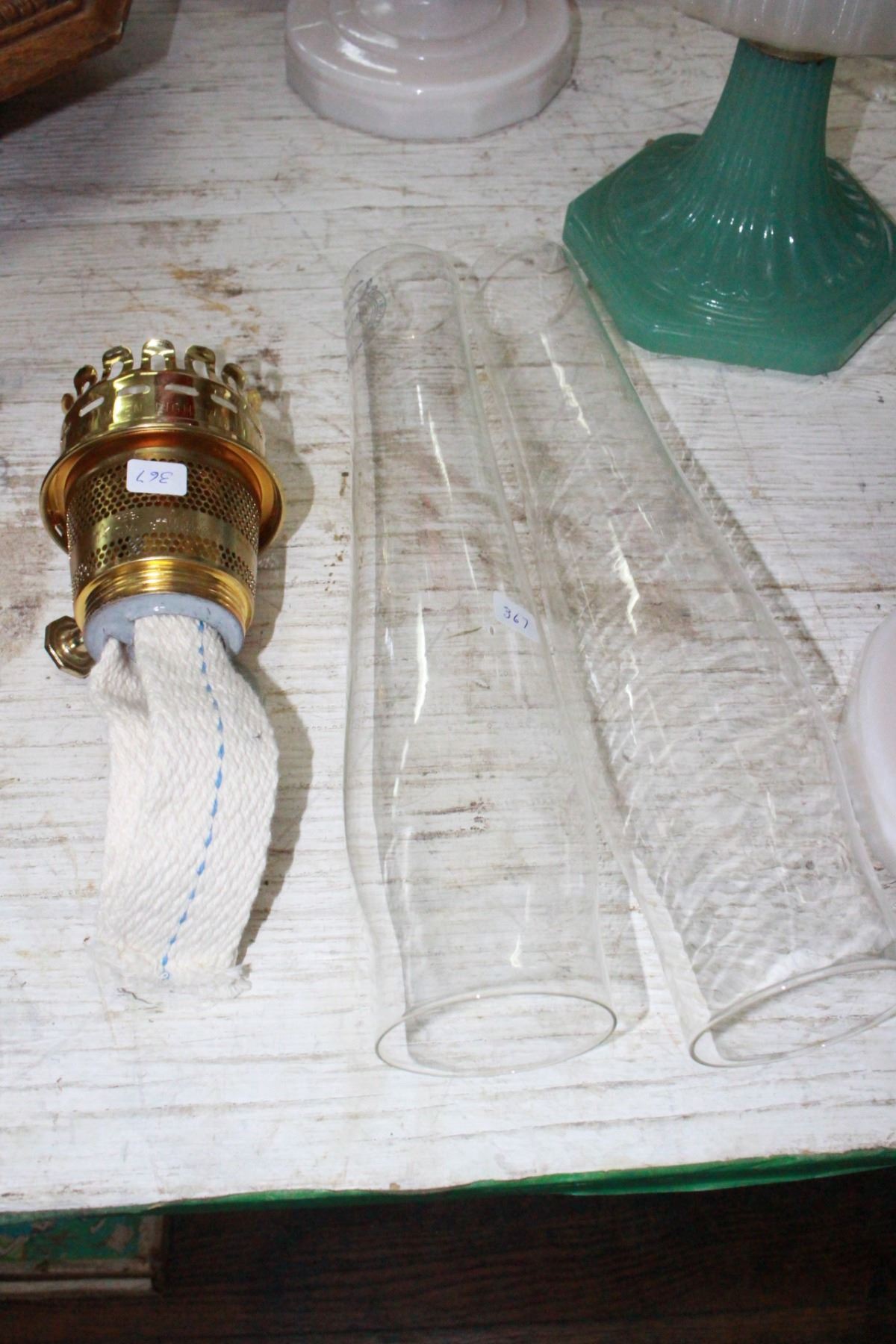 Aladdin Lamp Chimneys (2) and an Aladdin Burner (with Wicks)